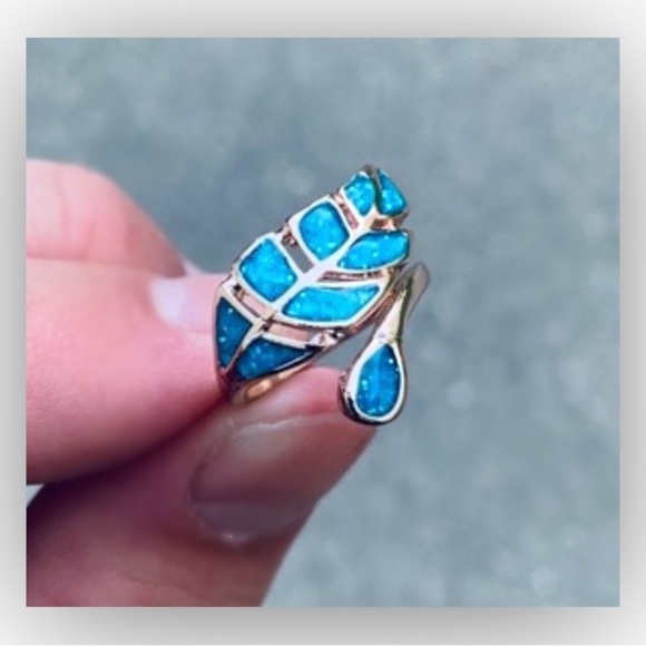 Jewelry | Rose Gold Blue Fire Opal Leaf Charm 925 Sterling Silver Ring ...